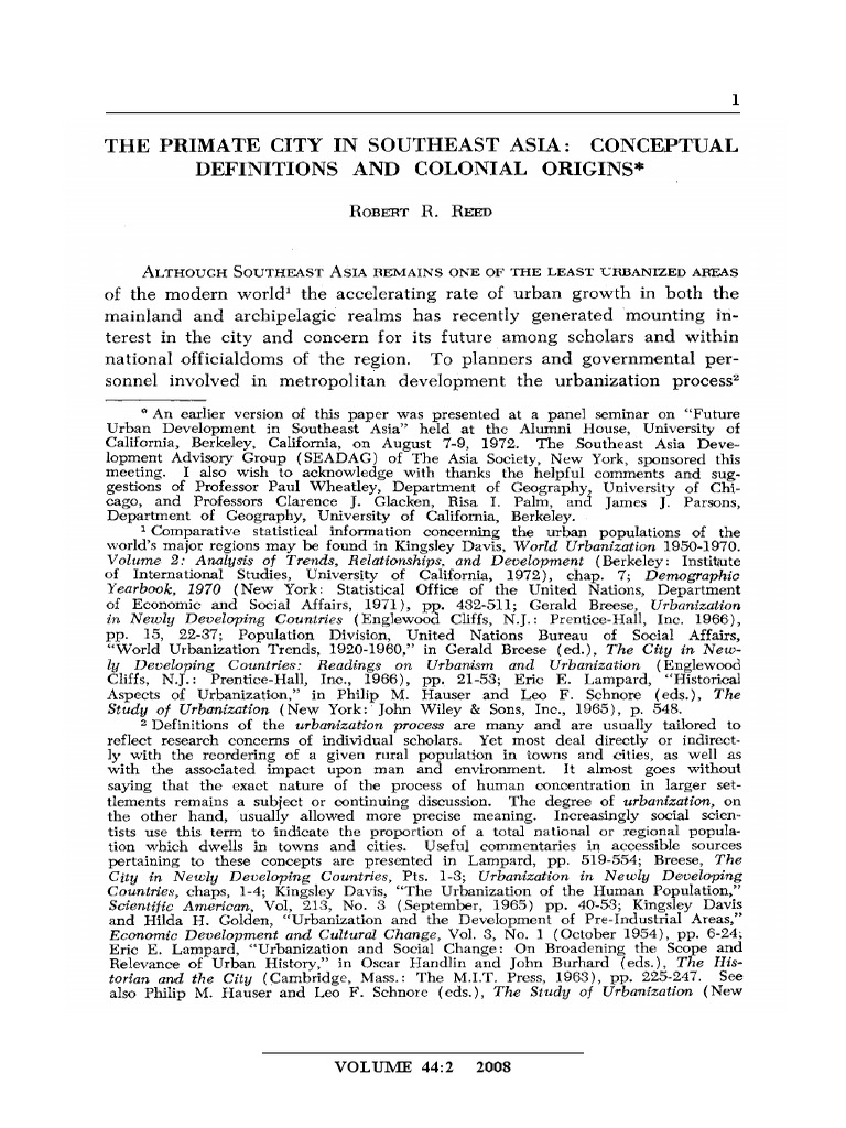 The Primate City in Southeast Asia - Definitions and Colonial Origins | PDF