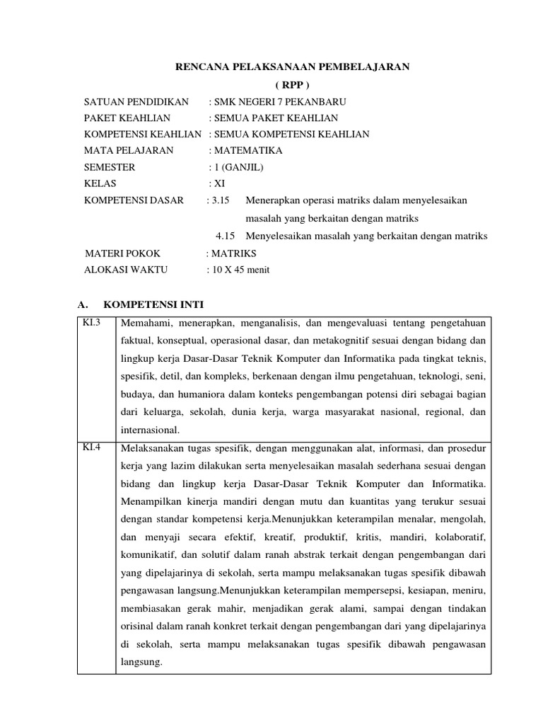 RPP Matematika SMK Kelas Xi Operasi Dasar Matriks | PDF