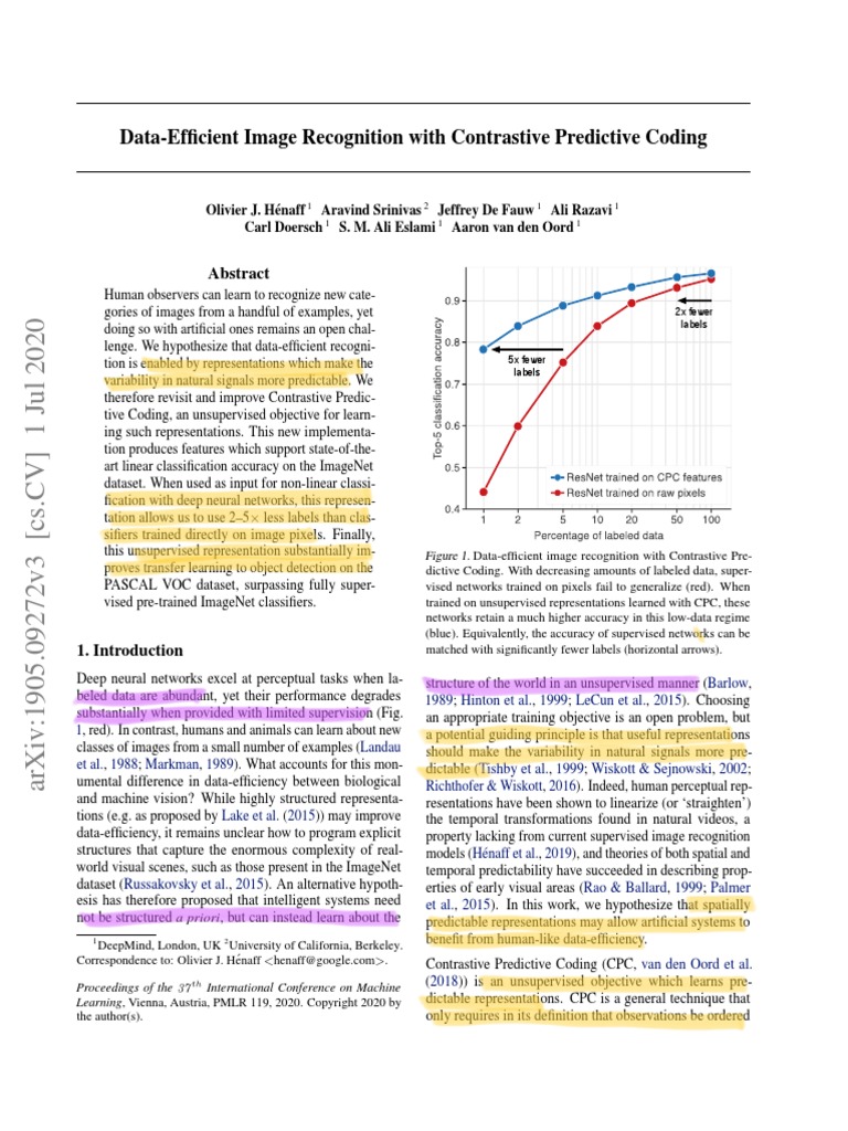 Data-Efficient Image Recognition With Contrastive Predictive Coding | PDF | Statistical ...