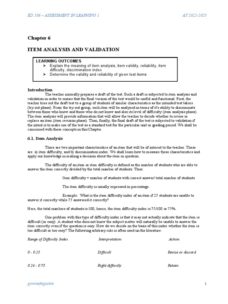 Item Analysis and Validation: Ed 106 - Assessment in Learning 1 AY 2022-2023 | PDF | Validity ...