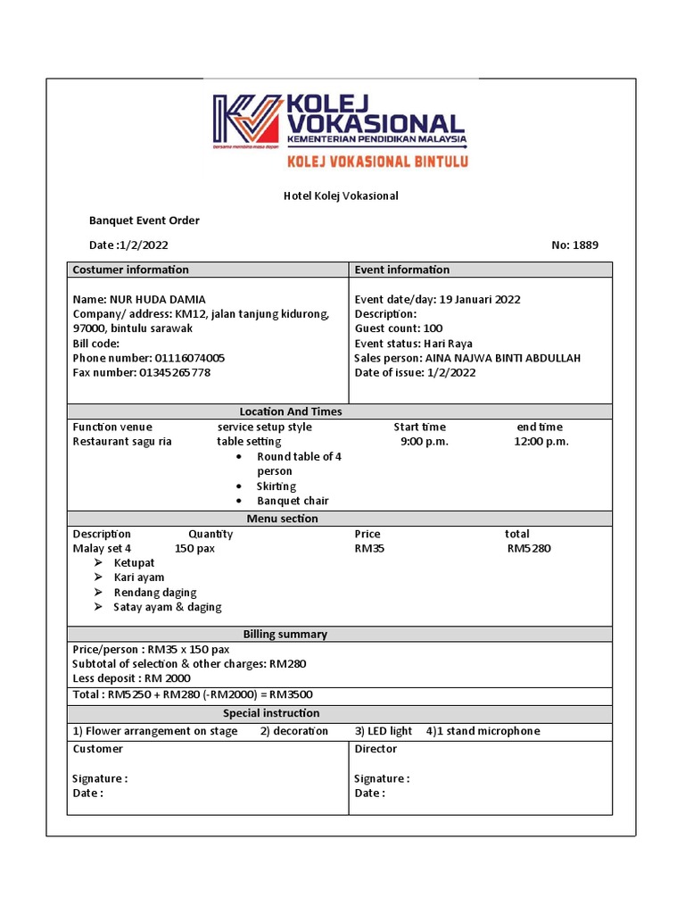 Beo (Banquet Event Order) | PDF