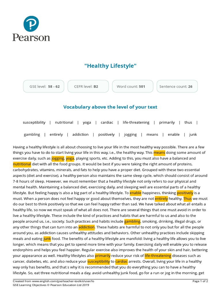 "Healthy Lifestyle": Vocabulary Above The Level of Your Text | PDF ...