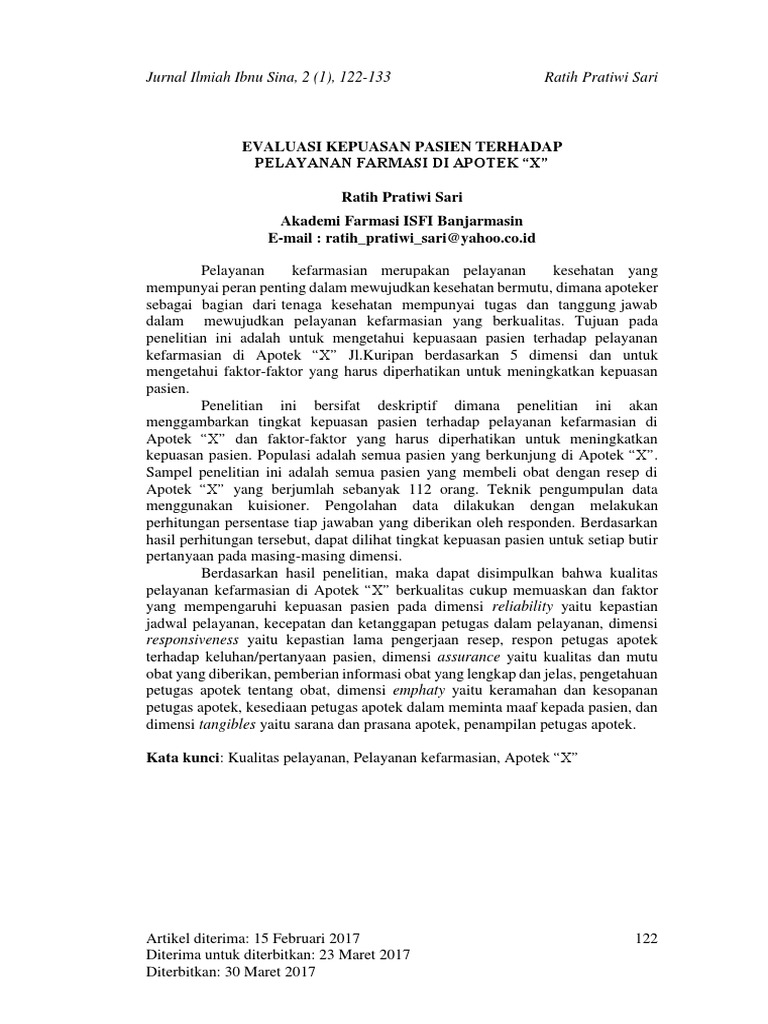 Evaluasi Kepuasan Pasien Terhadap Pelayanan Farmasi Di Apotek X Pdf