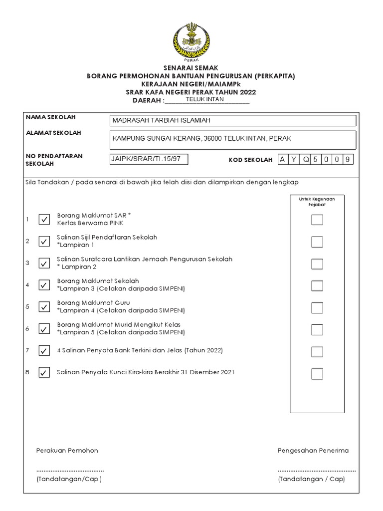 Borang Perkapita Srar Kafa 2022 Sungai Kerang | PDF