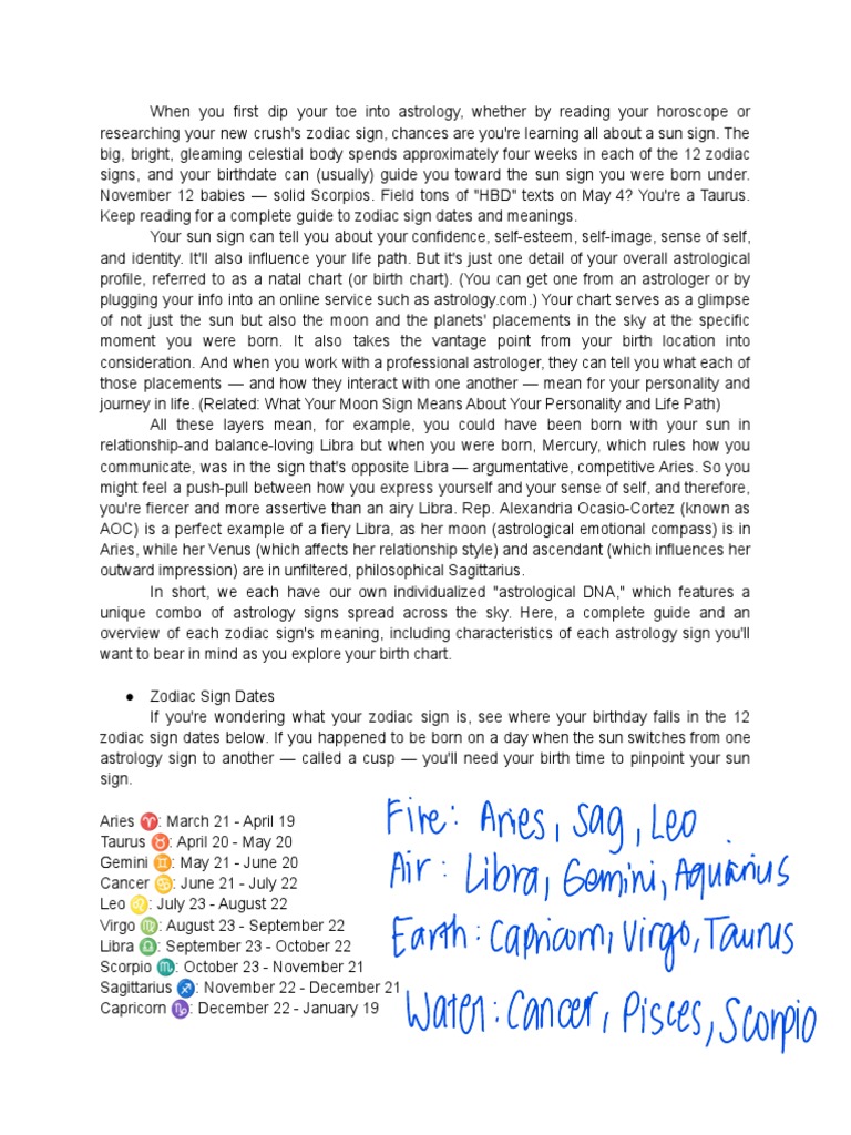Zodiac Signs: Dates and Meanings Guide | PDF | Astrological Sign ...