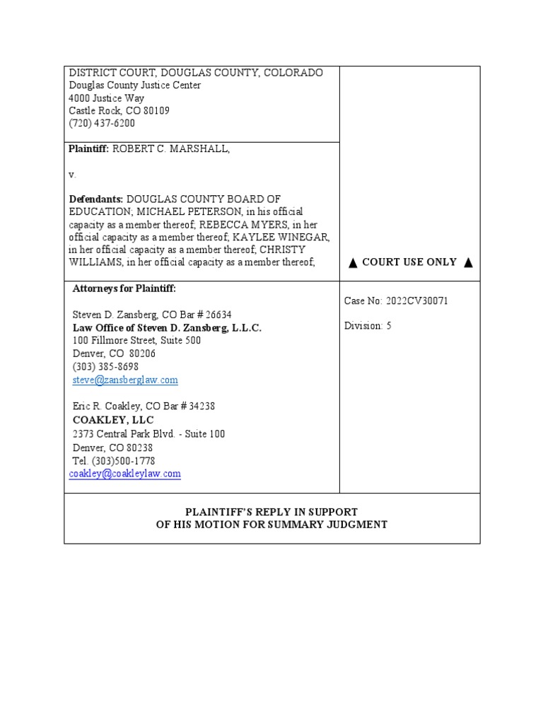 Douglas County Board of Education Lawsuit: Plaintiff's Reply in Support of His Motion For ...