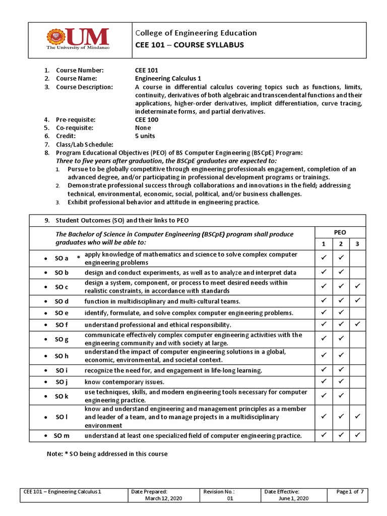CEE 101 Course Syllabus | PDF | Differential Calculus | Function ...