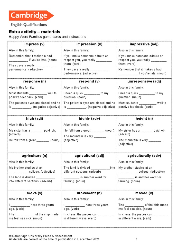 Extra Activity - Materials: Impress (V) Impression (N) Impressive (Adj ...