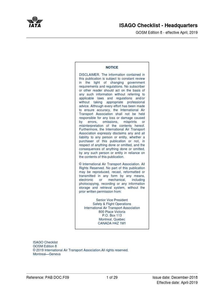 ISAGO Checklist - Headquarters: GOSM Edition 8 - Effective April, 2019 | PDF | Baggage ...