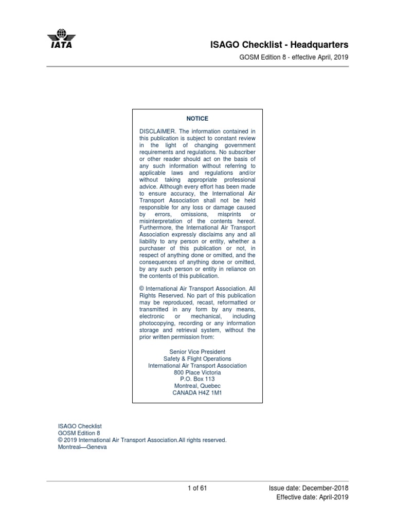 ISAGO Checklist - Headquarters: GOSM Edition 8 - Effective April, 2019 ...