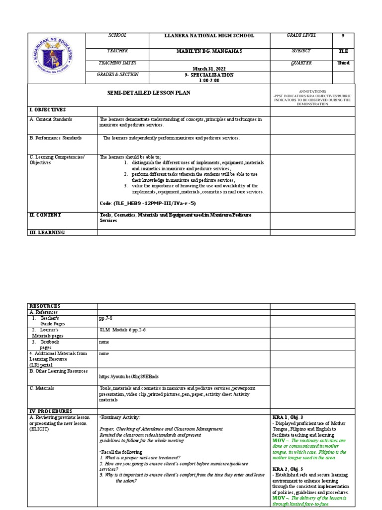 Semi-Detailed Lesson Plan in Beauty Care For COT 1 | PDF | Learning ...