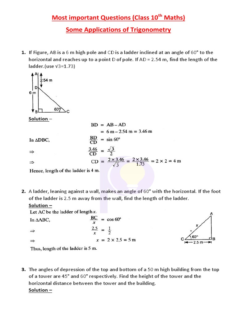 Most Important Questions (Class 10 Maths) Some Applications of ...