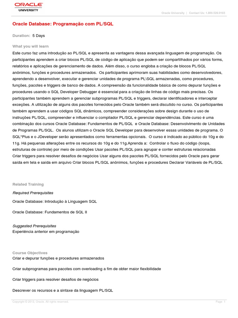 Oracle Database - Programação Com PL - SQL | Descargar gratis PDF | PL ... Oracle Database - Programação Com PL - SQL | Descargar gratis PDF | PL ...