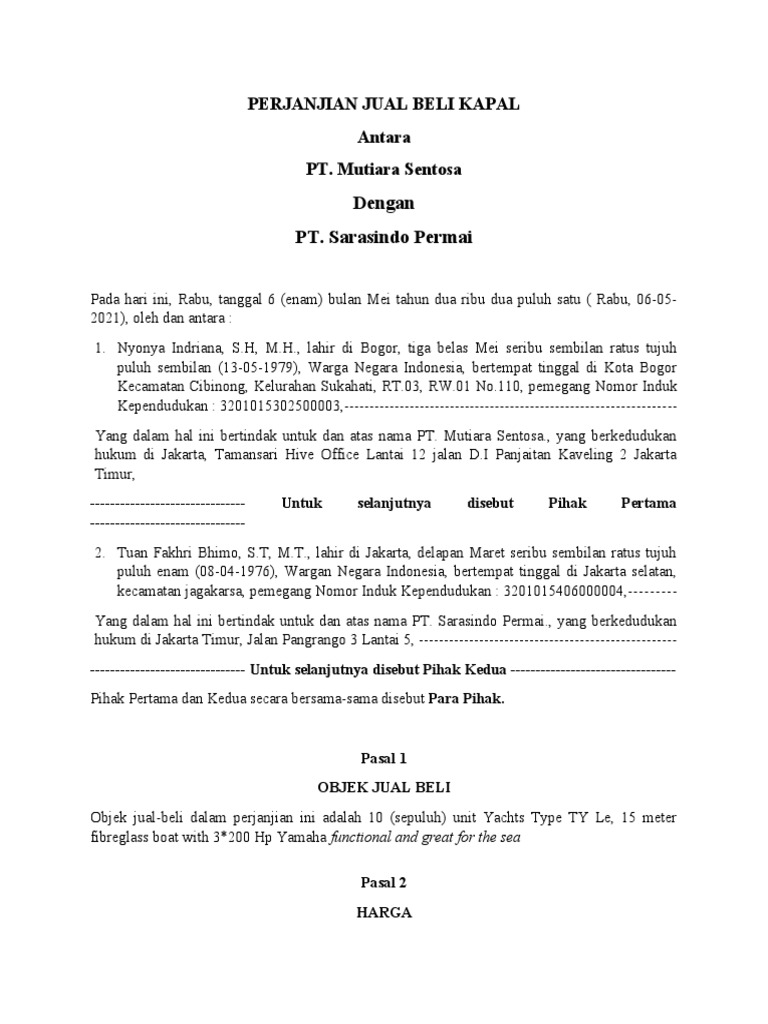 Perjanjian Jual Beli Kapal | PDF