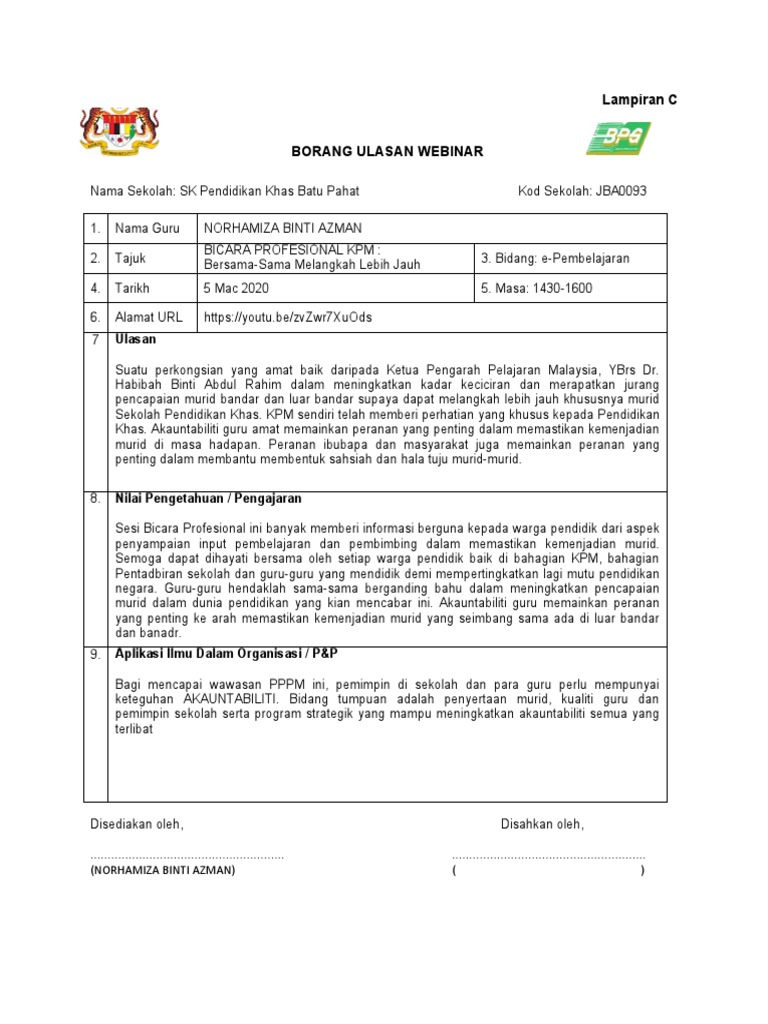 Lampiran C Borang Ulasan Webinar | PDF