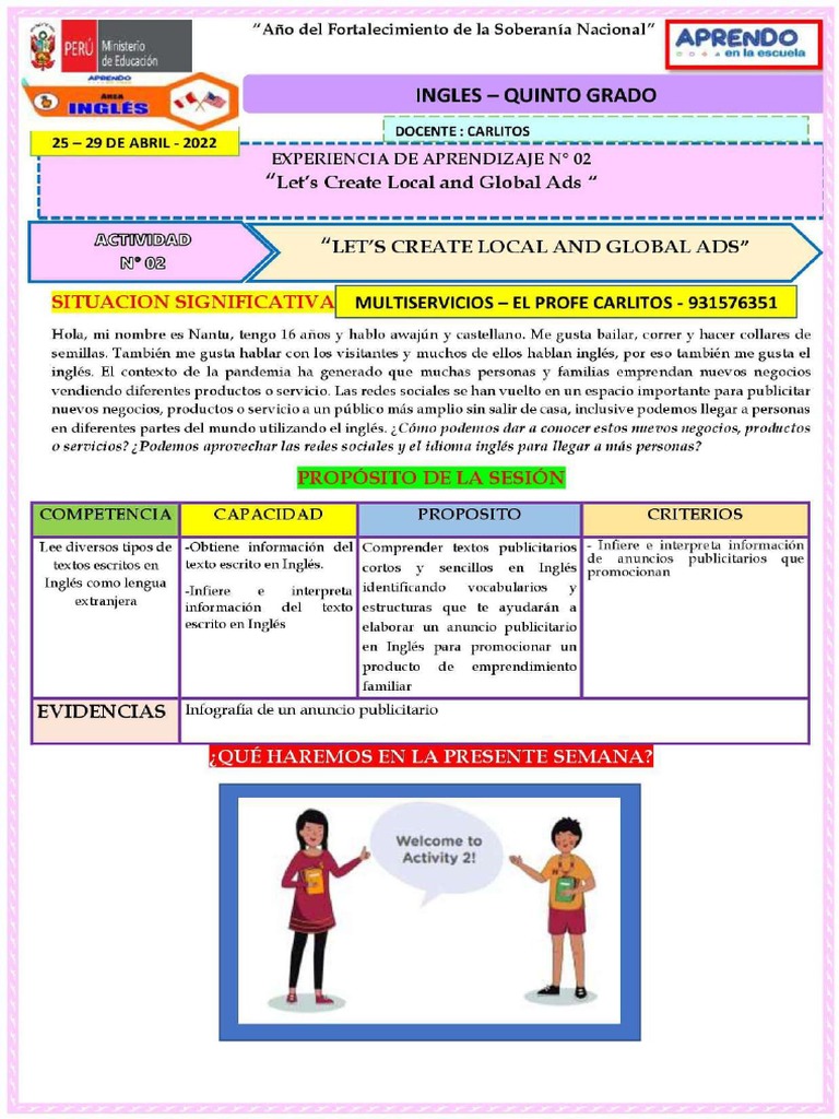 Experiencia de Aprendizaje 02 - Ingles - Actividad 02 - 5to Grado | PDF