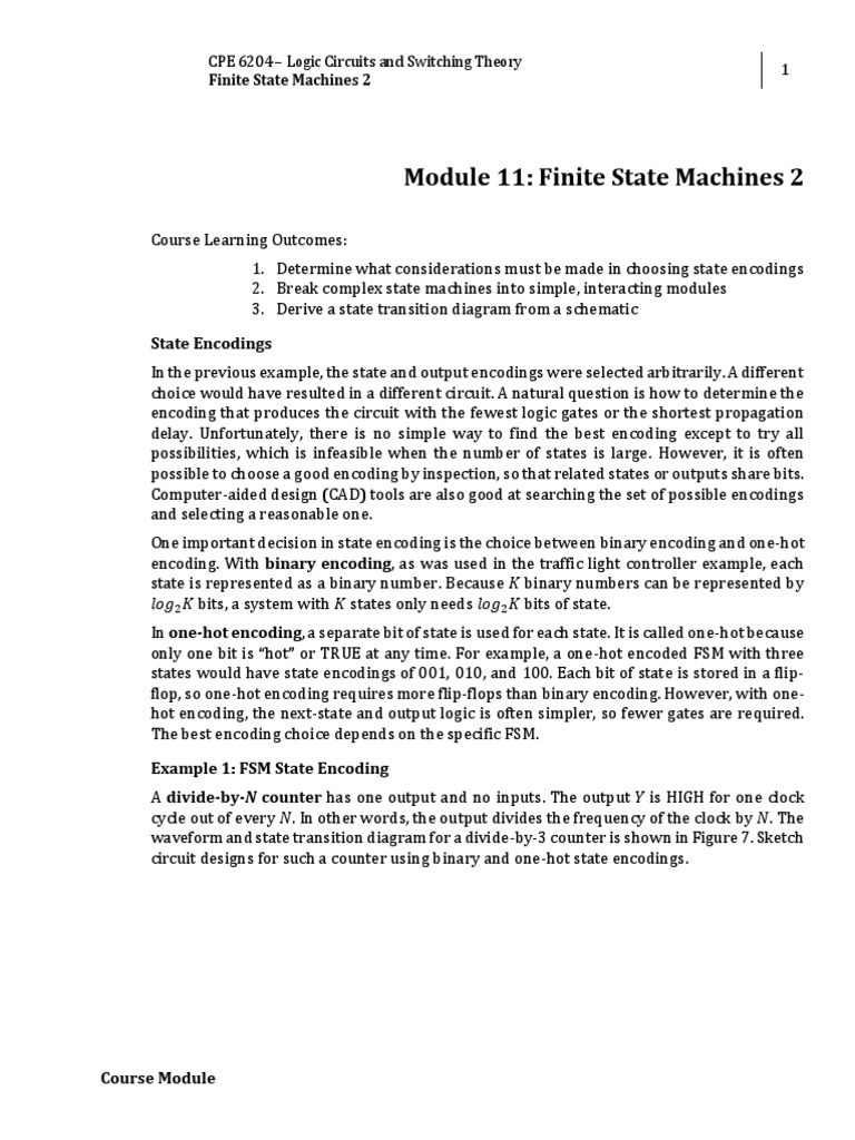 Cpe 6204 Logic Circuits And Switching Theory Module On Finite State Machines Pdf Design