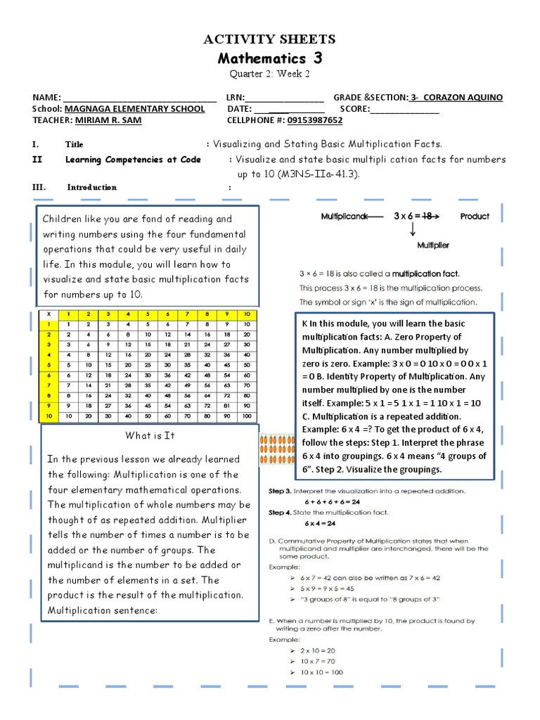 Activity Sheets Mathematics: Quarter 2: Week 2 | PDF | Multiplication ...
