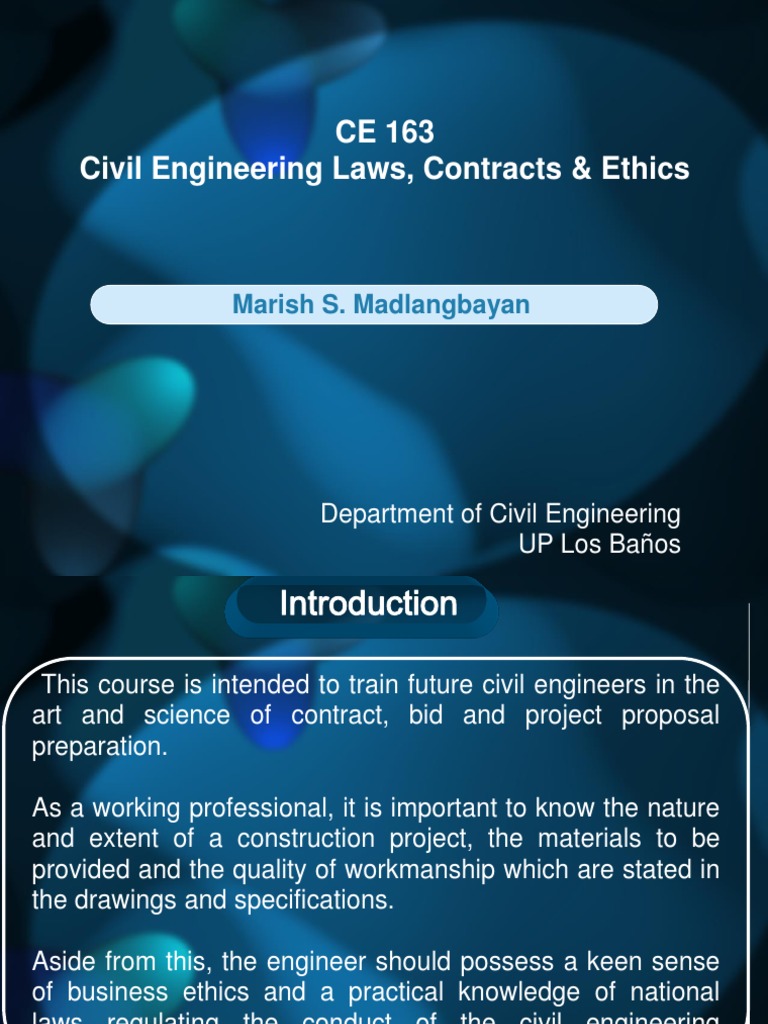 CE 163 Civil Engineering Laws, Contracts & Ethics: Marish S ...
