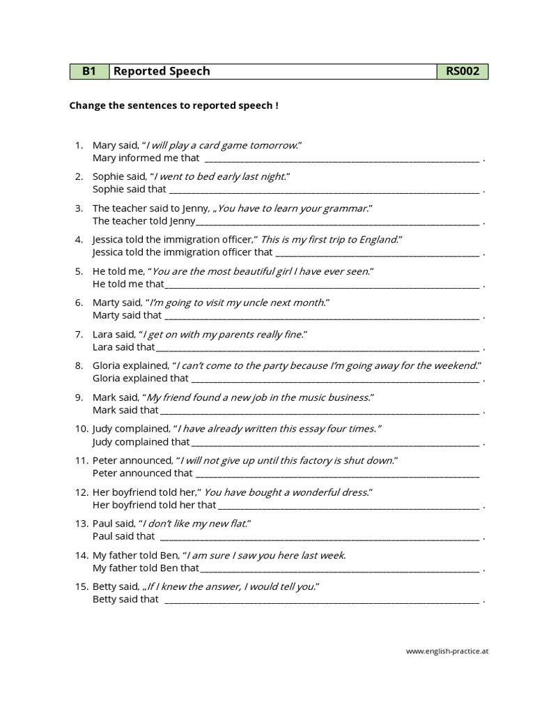 Reported Speech Practice Exercises B1 | PDF