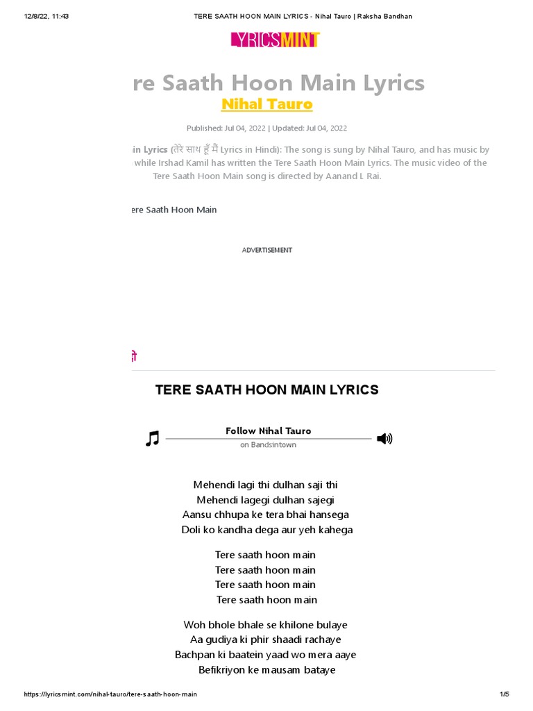 TERE SAATH HOON MAIN LYRICS - Nihal Tauro - Raksha Bandhan | PDF