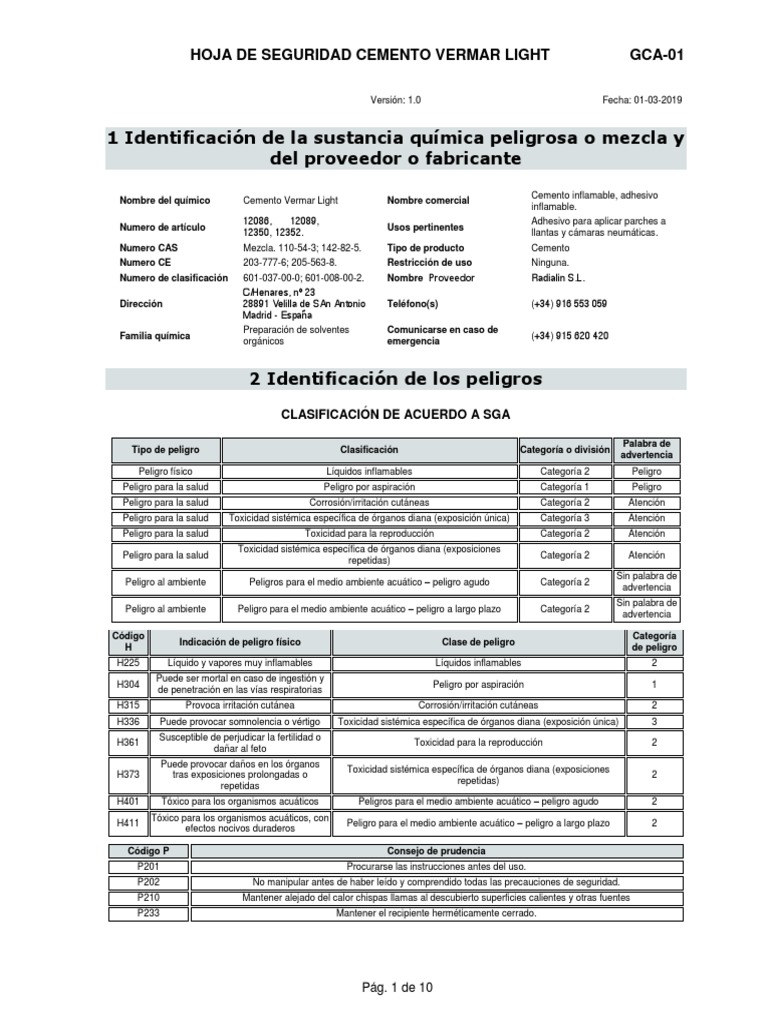 Hoja de Seguridad Cemento Vermar Light | PDF | Agua | Toxicidad