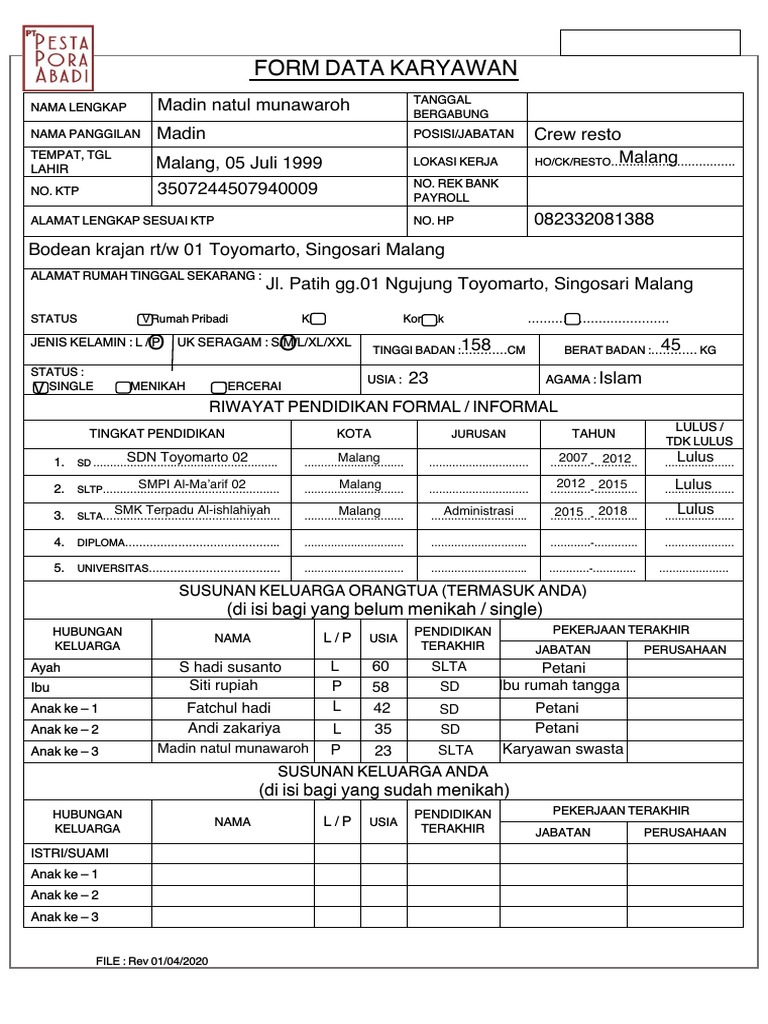 Formulir Data Karyawan Malang | PDF