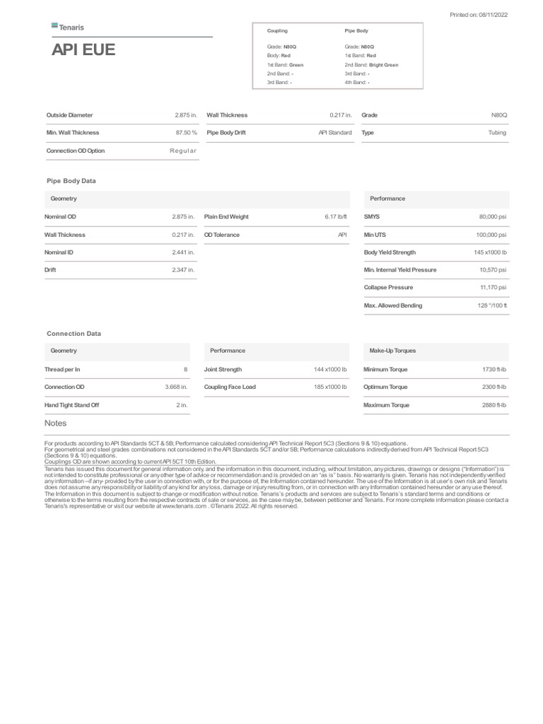 Api Eue 2.875 0.217 N80Q 08112022 | PDF | Pipe (Fluid Conveyance ...