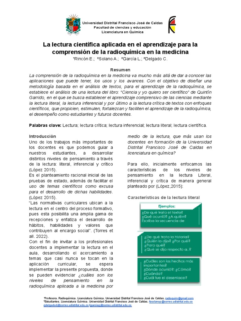 La Lectura Científica Aplicada en El Aprendizaje para La Comprensión de ...