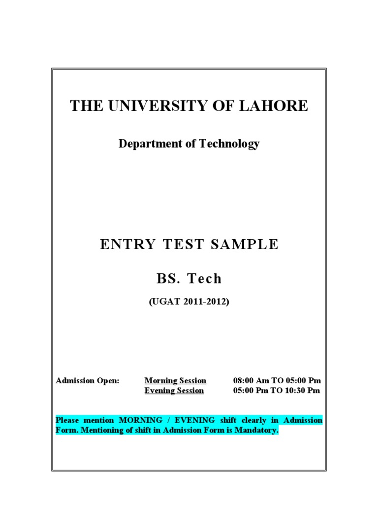 The University of Lahore: Entry Test Sample BS. Tech | PDF ...