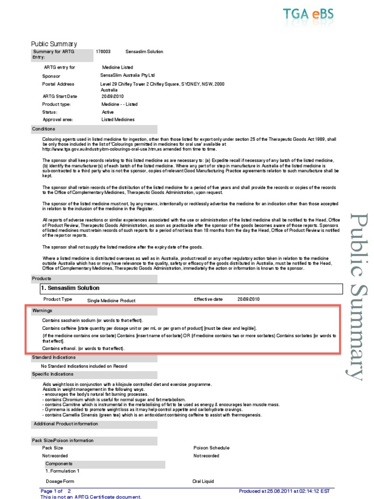 SensaSlim TGA Summary For Australian Register of Therapeutic Goods ...
