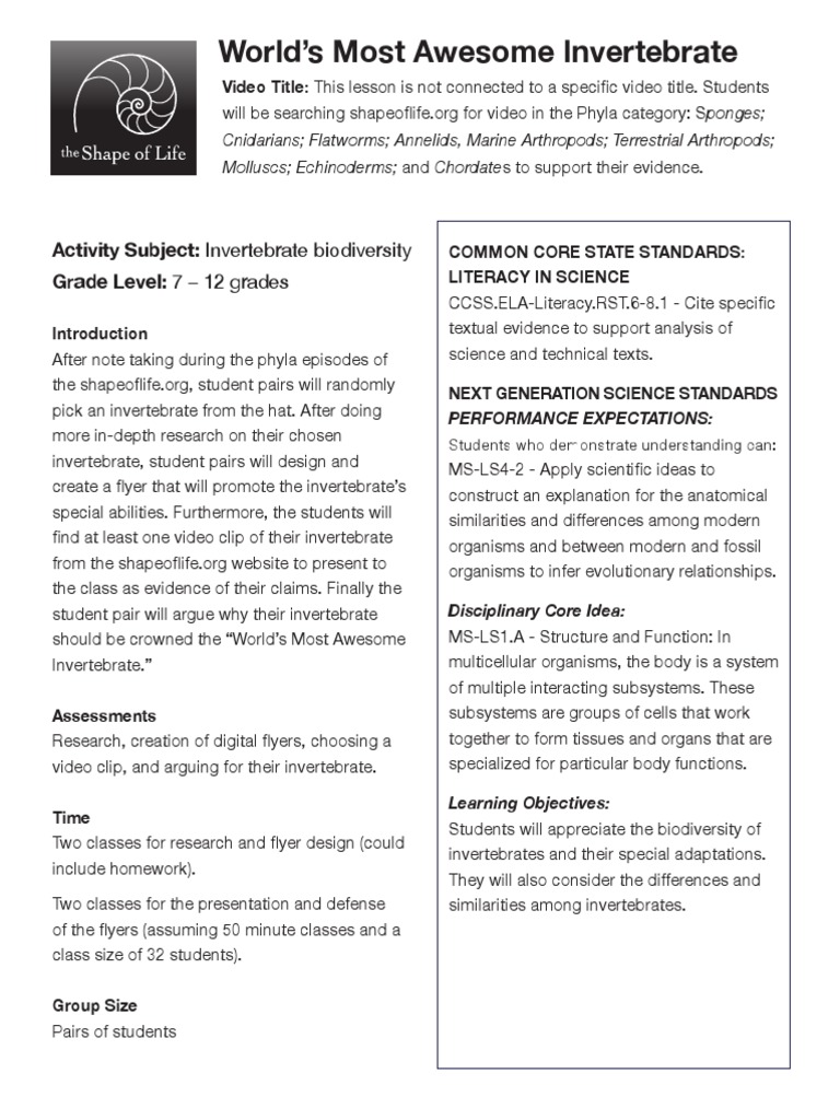 World's Most Awesome Invertebrate: Activity Subject: Invertebrate ...