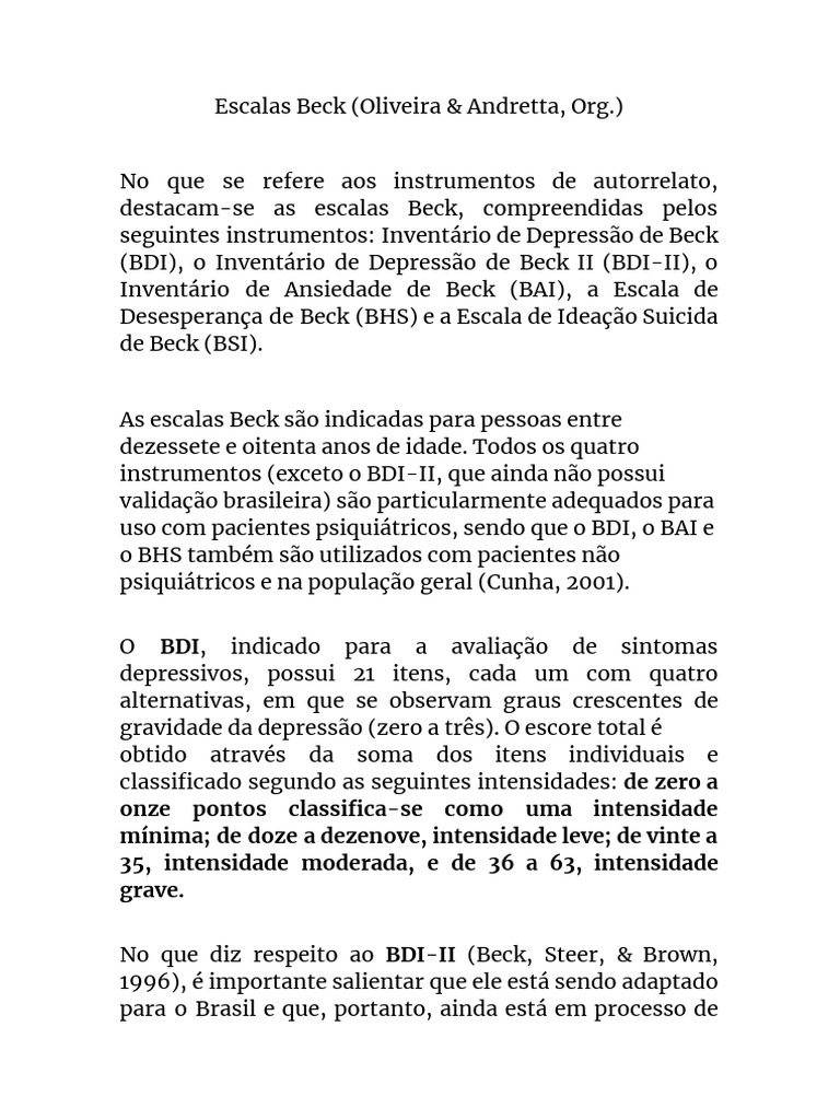 Escalas Beck - Info | PDF | Depressão | Doenças e distúrbios humanos