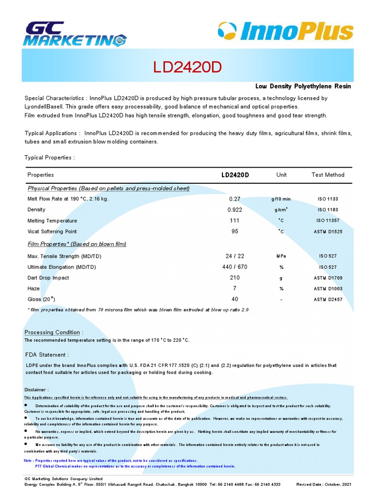 TDS_LD2420D+Oct+2021 | PDF | Extrusion | Secondary Sector Of The Economy