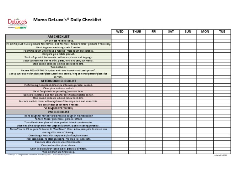 Mama DeLucas Pizza Daily Checklist | PDF | Pizza | Foods