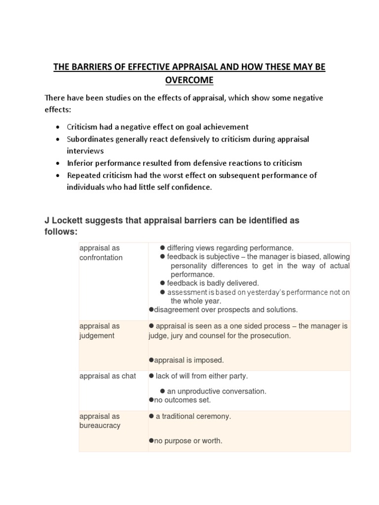 The Barriers of Effective Appraisal and How These May Be Overcome | PDF ...