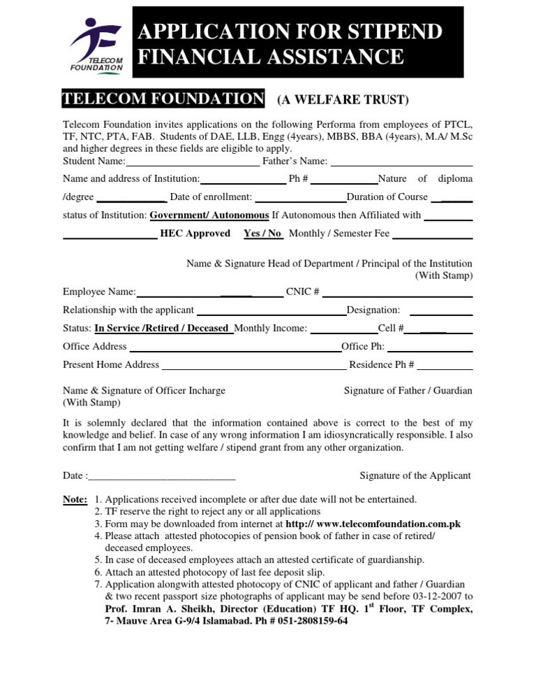 Telecom Foundation Stipend Application Form | PDF