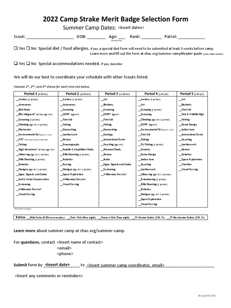 Camp Strake Merit Badge Selection 2022 | PDF | Boy Scouts Of America ...