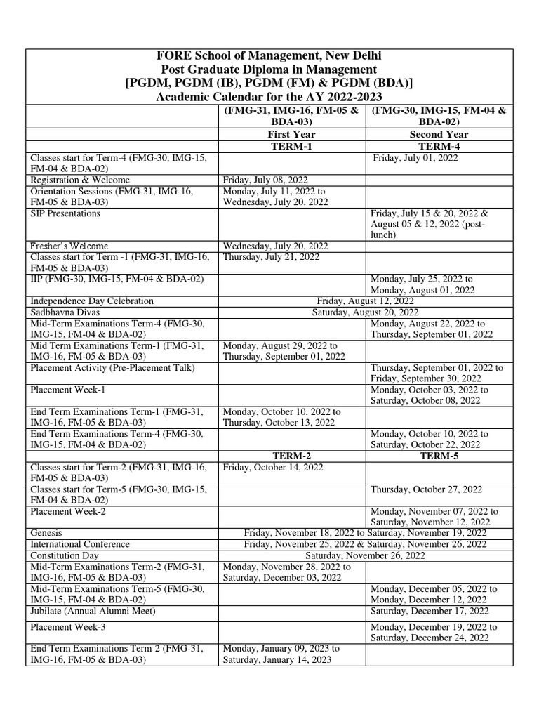 FORE School of Management 2022-23 Calendar | PDF | Academic Term | Schools