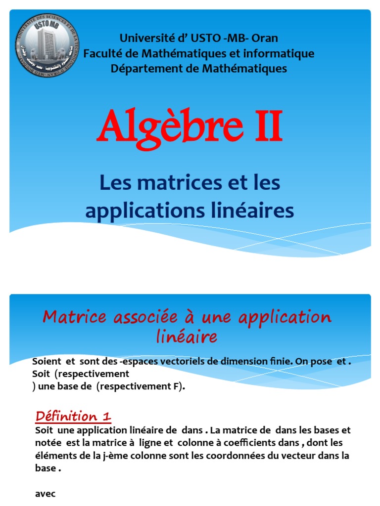 Algèbre II, Les Matrices Et App Lin | PDF | Matrice (Mathématiques ...