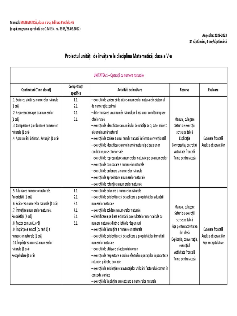 Planificare Pe Unitati de Invatare Matematica-5 EP45 | PDF
