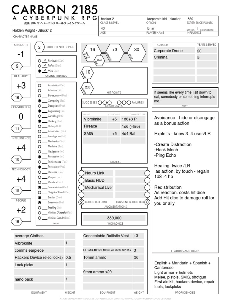 Carbon 2185 - Character Sheet Fillable - Brian | PDF