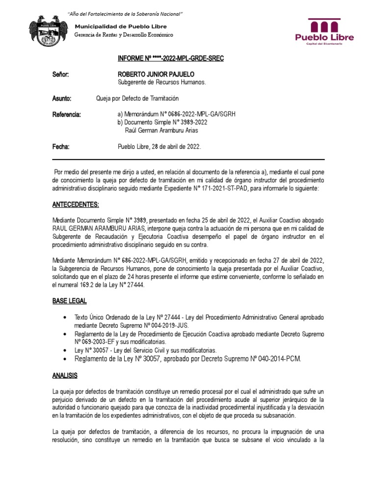 Informe Queja Funcional Raul | PDF | Ley procesal | Principios éticos