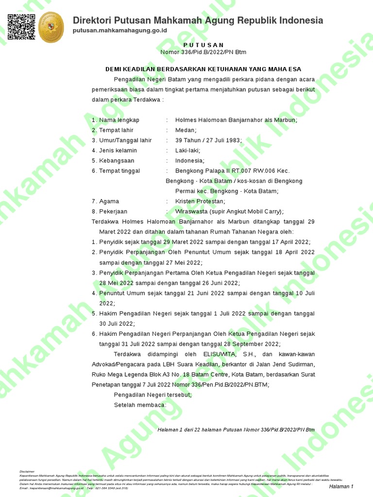 Putusan 336 Pid.b 2022 PN BTM 20220804180604 | PDF