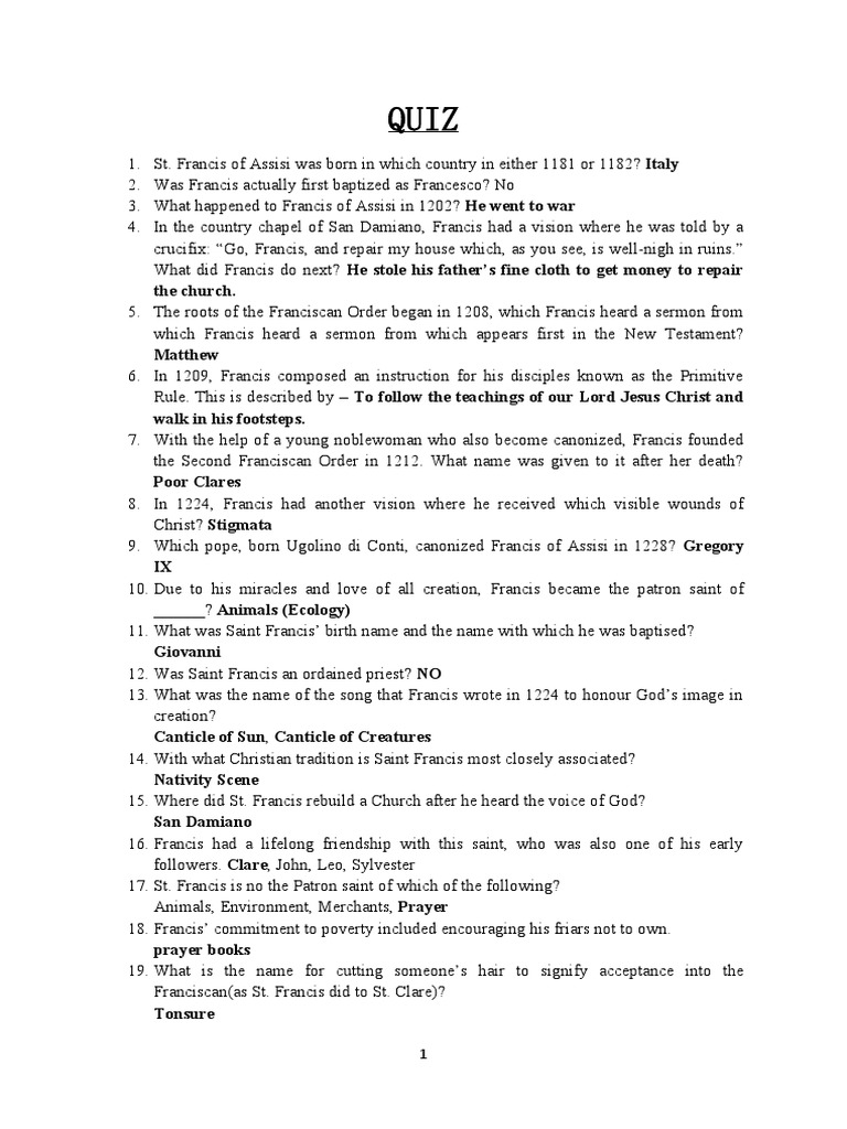 St. Francis of Assisi Quiz | PDF | Francis Of Assisi | Catholic Church