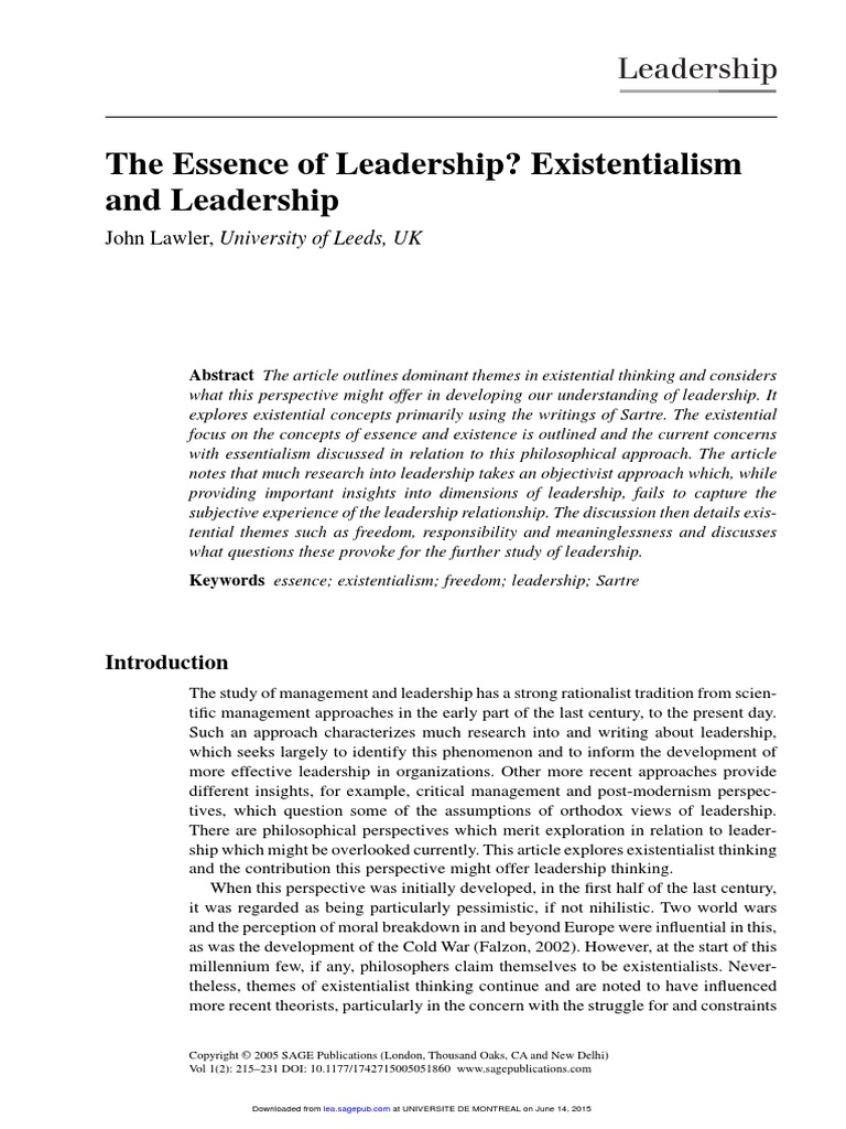 The Essence of Leadership? Existentialism and Leadership | PDF | Existentialism | Leadership