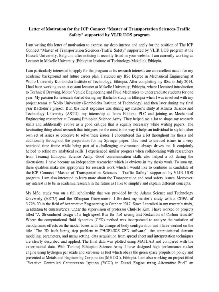 Letter of Motivation | PDF | Bachelor's Degree | Road Traffic Safety
