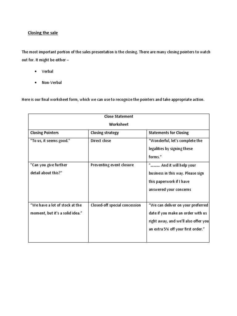 Closing The Sale: Close Statement Worksheet Closing Pointers Closing ...