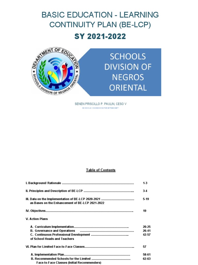 Basic Education - Learning: Continuity Plan (Be-Lcp) SY 2021-2022 | PDF ...