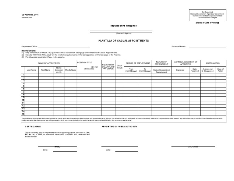 Casual Appointment Form No. 34-A | PDF | Labor | Employment